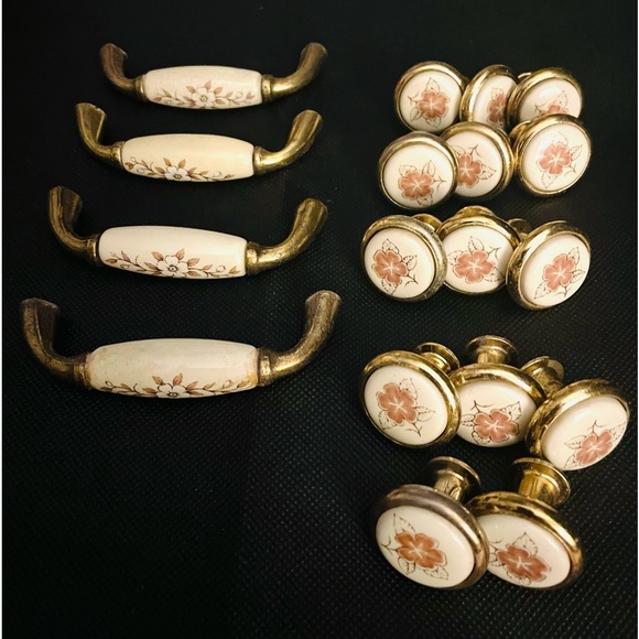 Source Unknown | Other | Vintage White Gold Floral Porcelain Ceramic Brass Drawer Pulls Knobs ...